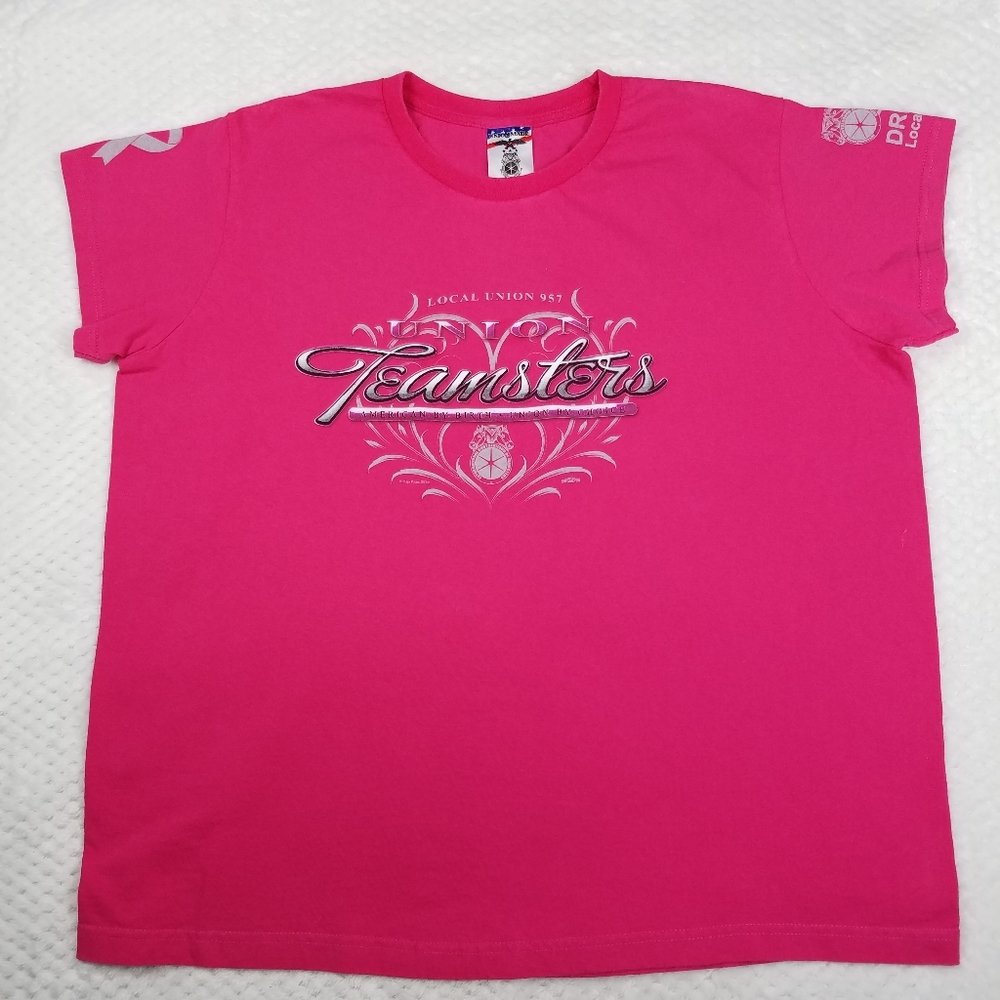 Vintage Union Made Union Teamsters Pink Graphic T-Shi… - Gem